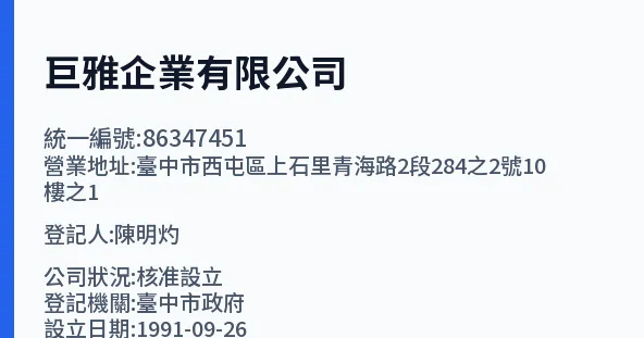 巨雅企業有限公司的照片-統編 86347451(臺中市) 公司登記資料與營業項目詳細圖表