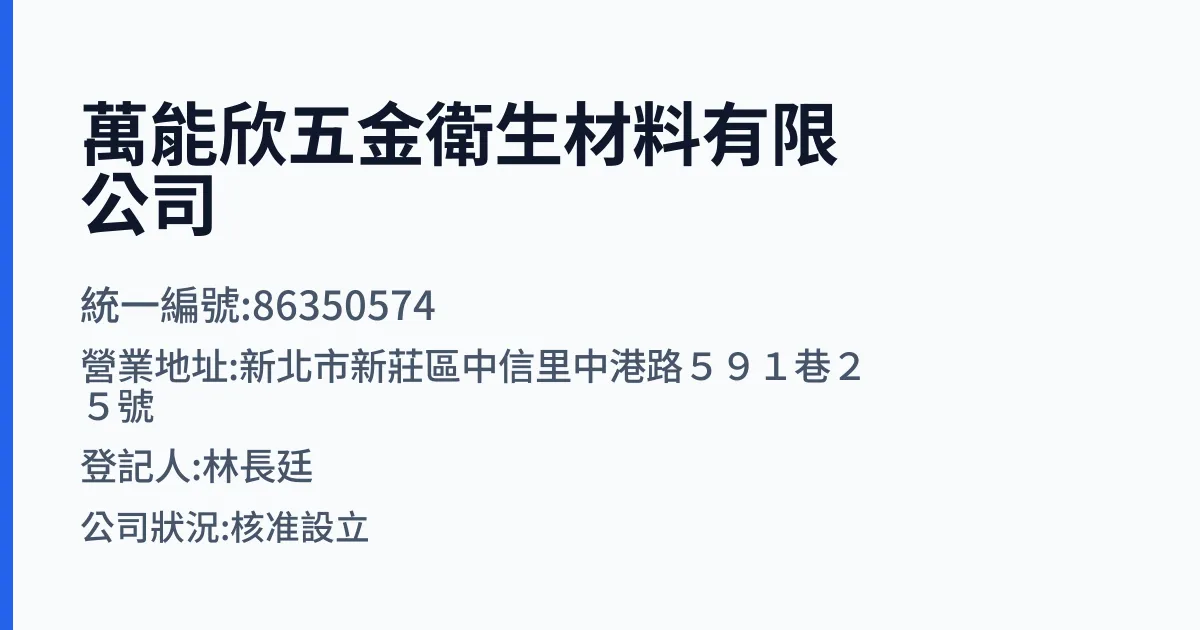 萬能欣五金衛生材料有限公司 - 統編 86350574(新北市) 公司登記資料與營業項目詳細圖表