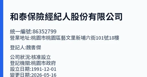和泰保險經紀人股份有限公司的照片-統編 86352799(桃園市) 公司登記資料與營業項目詳細圖表