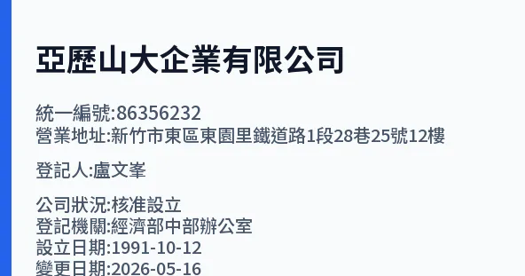 亞歷山大企業有限公司的照片-統編 86356232(新竹市) 公司登記資料與營業項目詳細圖表