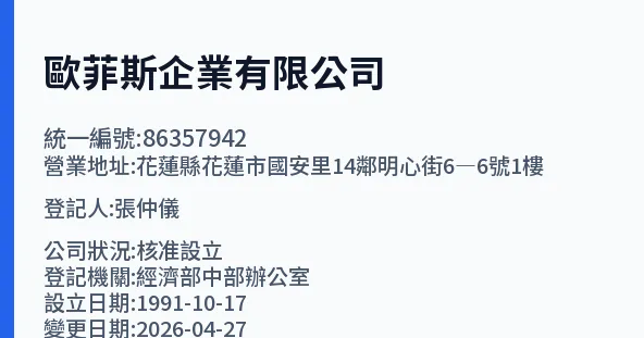 歐菲斯企業有限公司的照片-統編 86357942(花蓮縣) 公司登記資料與營業項目詳細圖表
