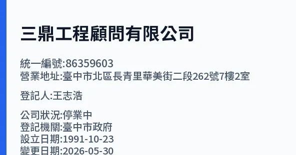 三鼎工程顧問有限公司的照片-統編 86359603(臺中市) 公司登記資料與營業項目詳細圖表