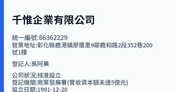 千惟企業有限公司的照片-統編 86362229(彰化縣) 公司登記資料與營業項目詳細圖表