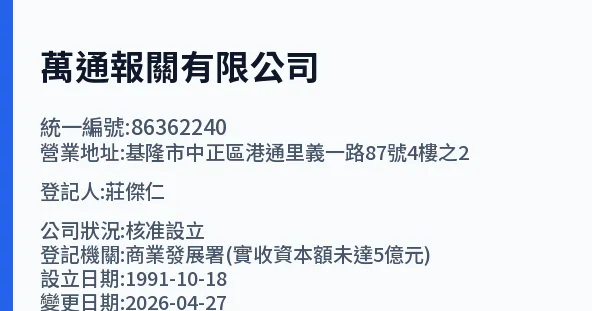 萬通報關有限公司的照片-統編 86362240(基隆市) 公司登記資料與營業項目詳細圖表