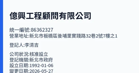 億興工程顧問有限公司的照片-統編 86362327(新北市) 公司登記資料與營業項目詳細圖表