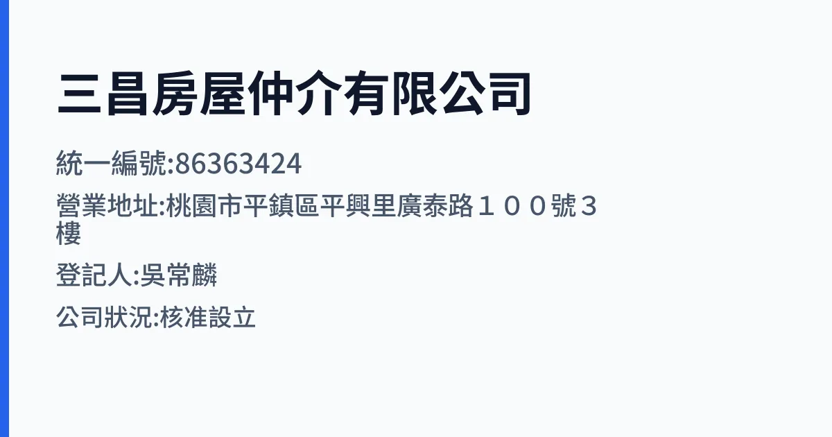 三昌房屋仲介有限公司 - 統編 86363424（桃園市） 公司登記資料與營業項目詳細圖表