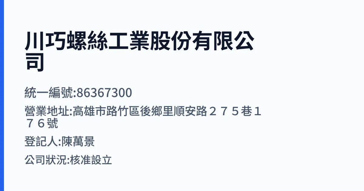 川巧螺絲工業股份有限公司 - 統編 86367300(高雄市) 公司登記資料與營業項目詳細圖表