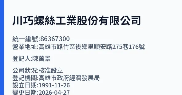 川巧螺絲工業股份有限公司的照片-統編 86367300(高雄市) 公司登記資料與營業項目詳細圖表