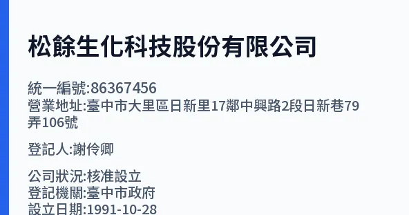 松餘生化科技股份有限公司的照片-統編 86367456(臺中市) 公司登記資料與營業項目詳細圖表