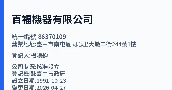 百福機器有限公司的照片-統編 86370109(臺中市) 公司登記資料與營業項目詳細圖表