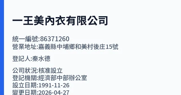 一王美內衣有限公司的照片-統編 86371260(嘉義縣) 公司登記資料與營業項目詳細圖表