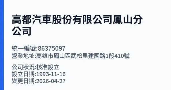 高都汽車股份有限公司鳳山分公司的照片-統編 86375097(高雄市) 公司登記資料與營業項目詳細圖表