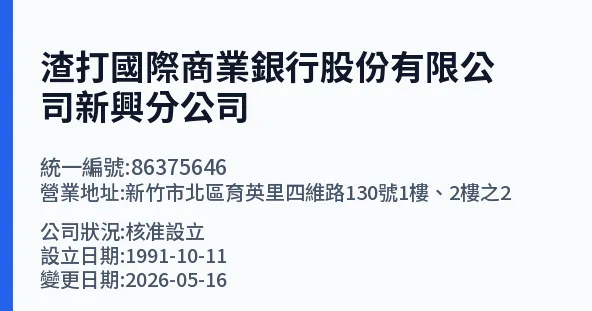 渣打國際商業銀行股份有限公司新興分公司的照片-統編 86375646(新竹市) 公司登記資料與營業項目詳細圖表