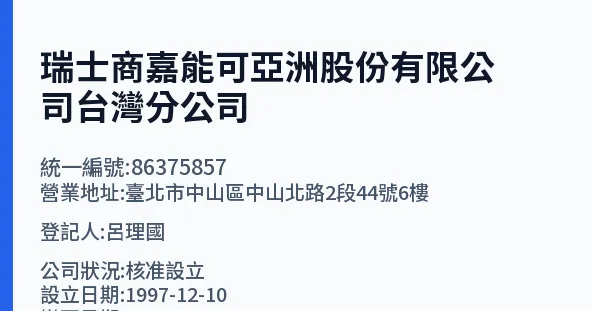 瑞士商嘉能可亞洲股份有限公司台灣分公司的照片-統編 86375857(臺北市) 公司登記資料與營業項目詳細圖表