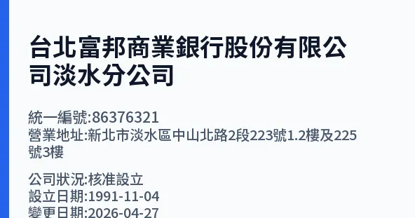 台北富邦商業銀行股份有限公司淡水分公司的照片-統編 86376321(新北市) 公司登記資料與營業項目詳細圖表