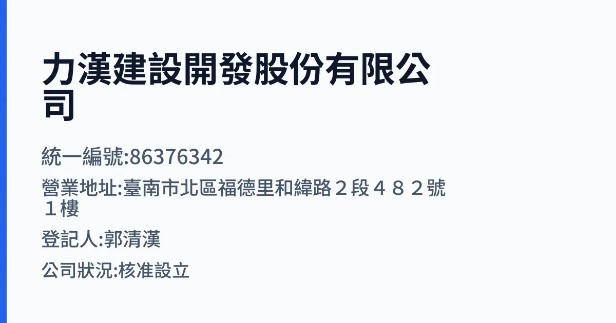 力漢建設開發股份有限公司 - 統編 86376342(臺南市) 公司登記資料與營業項目詳細圖表