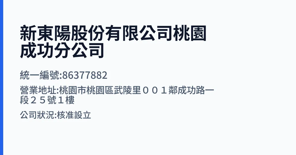 新東陽股份有限公司桃園成功分公司 - 統編 86377882(桃園市) 公司登記資料與營業項目詳細圖表