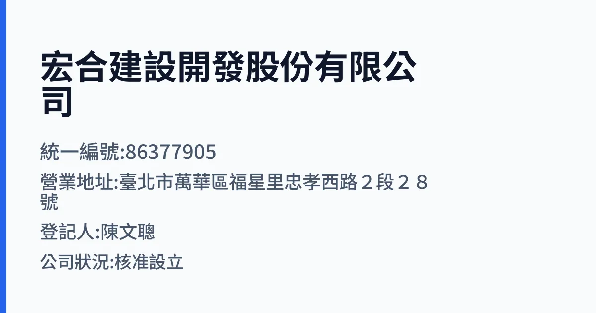 宏合建設開發股份有限公司 - 統編 86377905(臺北市) 公司登記資料與營業項目詳細圖表