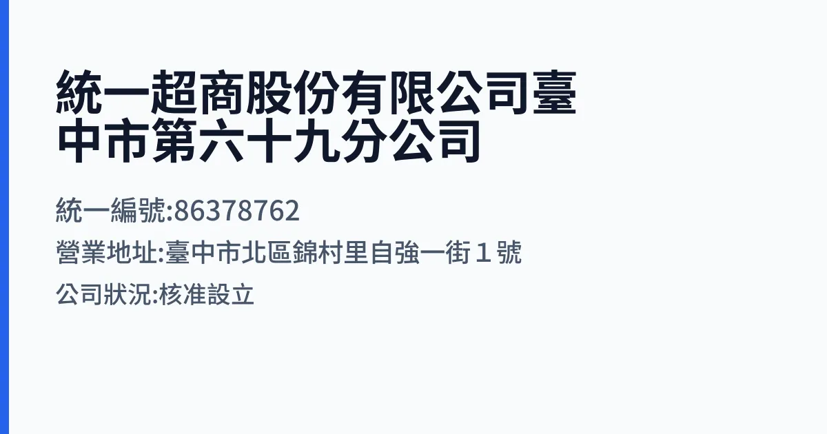 統一超商股份有限公司臺中市第六十九分公司 - 統編 86378762(臺中市) 公司登記資料與營業項目詳細圖表