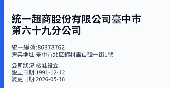 統一超商股份有限公司臺中市第六十九分公司的照片-統編 86378762(臺中市) 公司登記資料與營業項目詳細圖表
