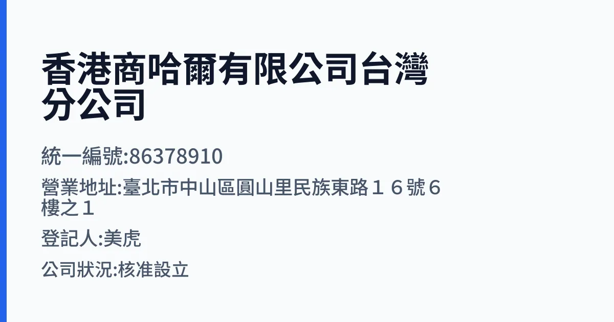 香港商哈爾有限公司台灣分公司 - 統編 86378910(臺北市) 公司登記資料與營業項目詳細圖表