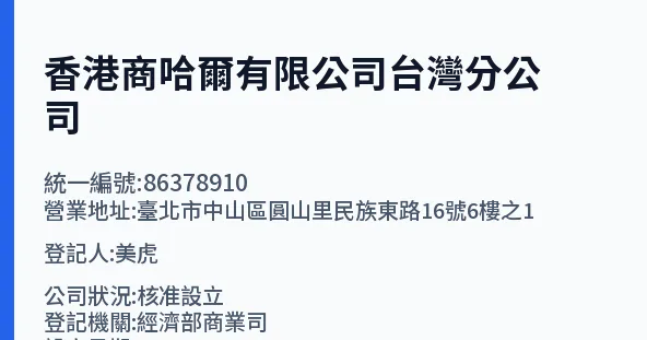 香港商哈爾有限公司台灣分公司的照片-統編 86378910(臺北市) 公司登記資料與營業項目詳細圖表