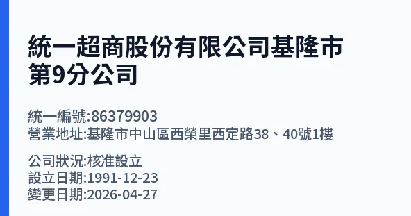 統一超商股份有限公司基隆市第9分公司的照片-統編 86379903(基隆市) 公司登記資料與營業項目詳細圖表