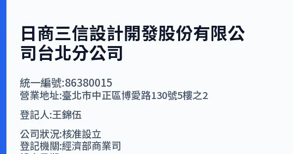 日商三信設計開發股份有限公司台北分公司的照片-統編 86380015(臺北市) 公司登記資料與營業項目詳細圖表