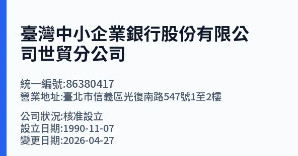 臺灣中小企業銀行股份有限公司世貿分公司的照片-統編 86380417(臺北市) 公司登記資料與營業項目詳細圖表