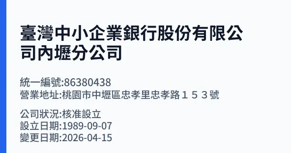 臺灣中小企業銀行股份有限公司內壢分公司的照片-統編 86380438(桃園市) 公司登記資料與營業項目詳細圖表