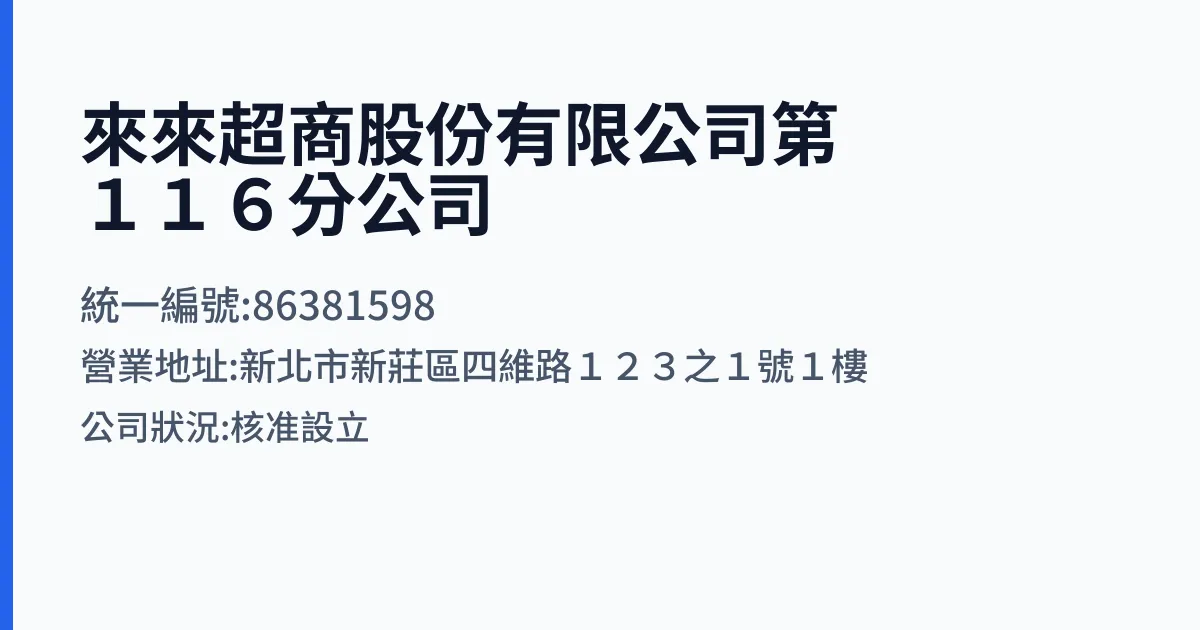 來來超商股份有限公司第１１６分公司 - 統編 86381598(新北市) 公司登記資料與營業項目詳細圖表
