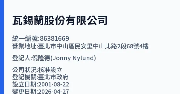 瓦錫蘭股份有限公司的照片-統編 86381669(臺北市) 公司登記資料與營業項目詳細圖表