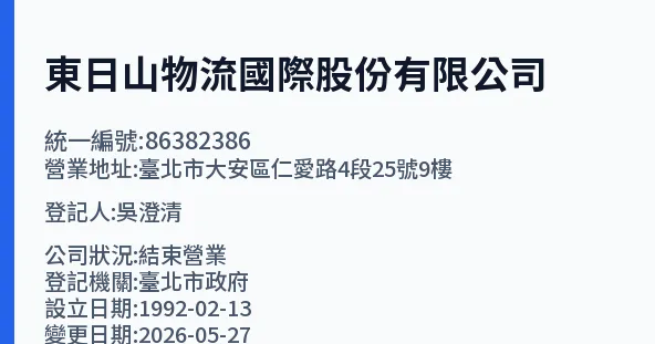 東日山物流國際股份有限公司的照片-統編 86382386(臺北市) 公司登記資料與營業項目詳細圖表
