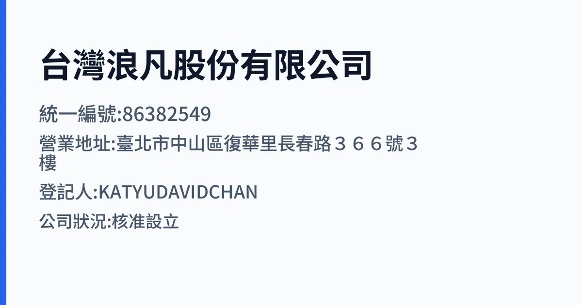 台灣浪凡股份有限公司 - 統編 86382549(臺北市) 公司登記資料與營業項目詳細圖表