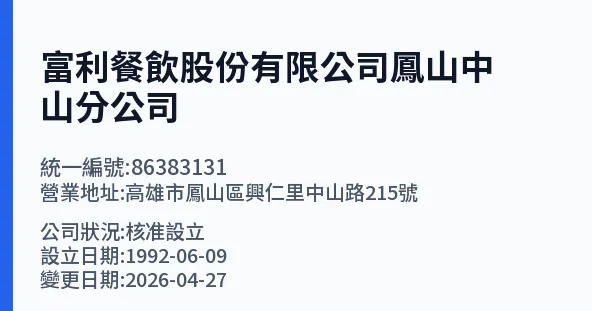 富利餐飲股份有限公司鳳山中山分公司的照片-統編 86383131(高雄市) 公司登記資料與營業項目詳細圖表