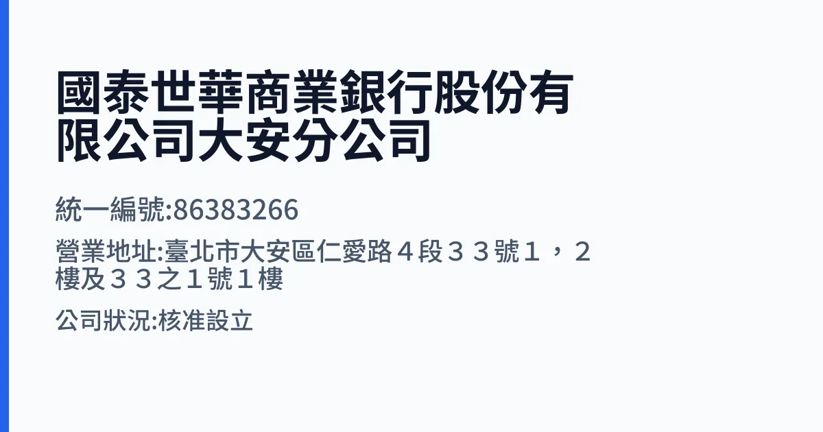 國泰世華商業銀行股份有限公司大安分公司 - 統編 86383266(臺北市) 公司登記資料與營業項目詳細圖表