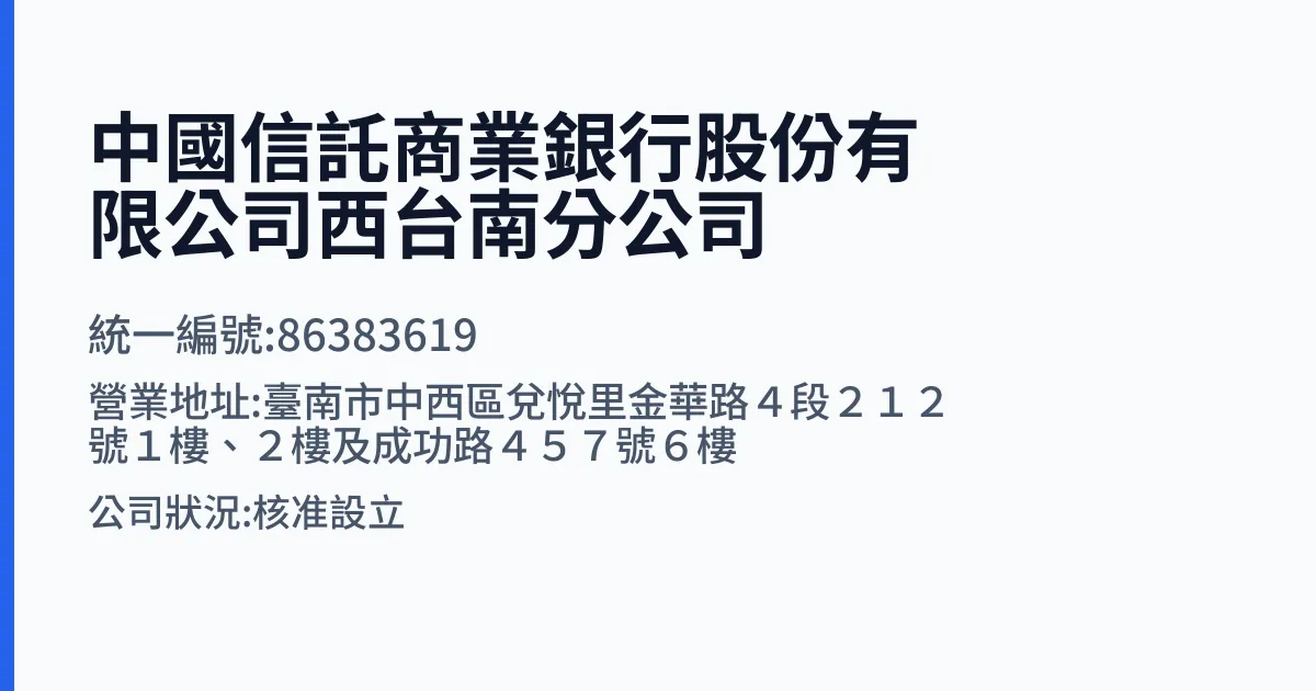 中國信託商業銀行股份有限公司西台南分公司 - 統編 86383619(臺南市) 公司登記資料與營業項目詳細圖表