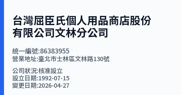 台灣屈臣氏個人用品商店股份有限公司文林分公司的照片-統編 86383955(臺北市) 公司登記資料與營業項目詳細圖表