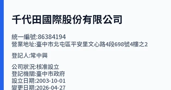 千代田國際股份有限公司的照片-統編 86384194(臺中市) 公司登記資料與營業項目詳細圖表
