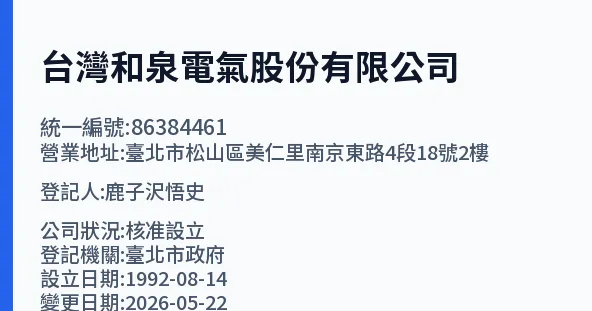 台灣和泉電氣股份有限公司的照片-統編 86384461(臺北市) 公司登記資料與營業項目詳細圖表