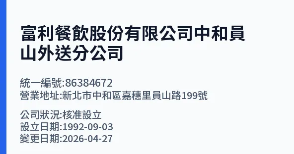 富利餐飲股份有限公司中和員山外送分公司的照片-統編 86384672(新北市) 公司登記資料與營業項目詳細圖表