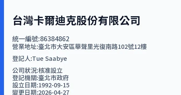 台灣卡爾迪克股份有限公司的照片-統編 86384862(臺北市) 公司登記資料與營業項目詳細圖表