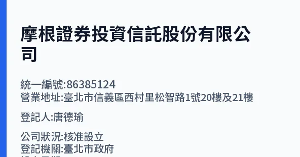 摩根證券投資信託股份有限公司的照片-統編 86385124(臺北市) 公司登記資料與營業項目詳細圖表