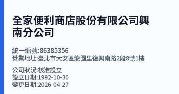 全家便利商店股份有限公司興南分公司的照片-統編 86385356(臺北市) 公司登記資料與營業項目詳細圖表
