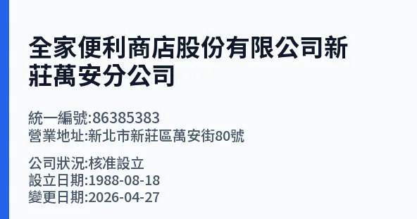 全家便利商店股份有限公司新莊萬安分公司的照片-統編 86385383(新北市) 公司登記資料與營業項目詳細圖表