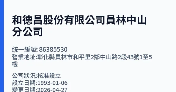 和德昌股份有限公司員林中山分公司的照片-統編 86385530(彰化縣) 公司登記資料與營業項目詳細圖表