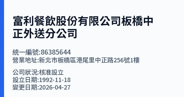 富利餐飲股份有限公司板橋中正外送分公司的照片-統編 86385644(新北市) 公司登記資料與營業項目詳細圖表