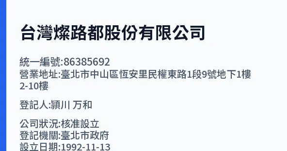 台灣燦路都股份有限公司的照片-統編 86385692(臺北市) 公司登記資料與營業項目詳細圖表