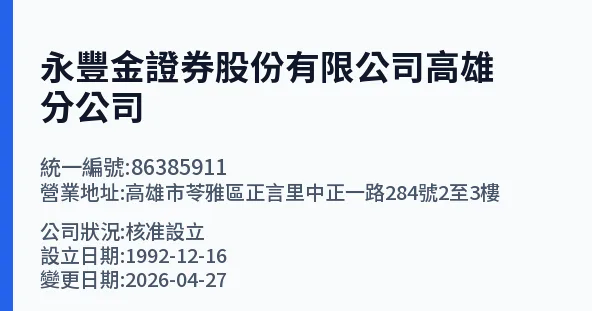 永豐金證券股份有限公司高雄分公司的照片-統編 86385911(高雄市) 公司登記資料與營業項目詳細圖表