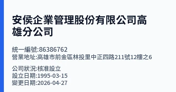 安侯企業管理股份有限公司高雄分公司的照片-統編 86386762(高雄市) 公司登記資料與營業項目詳細圖表